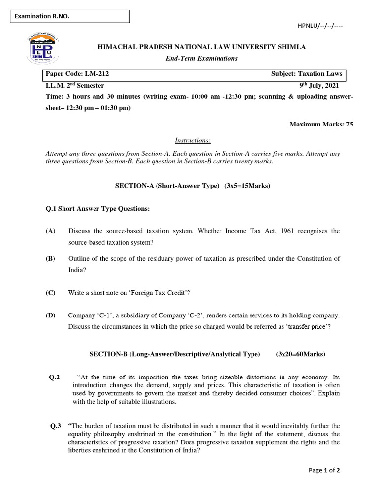 Taxation Laws Paper Last Year | PDF | Taxes | Government Finances