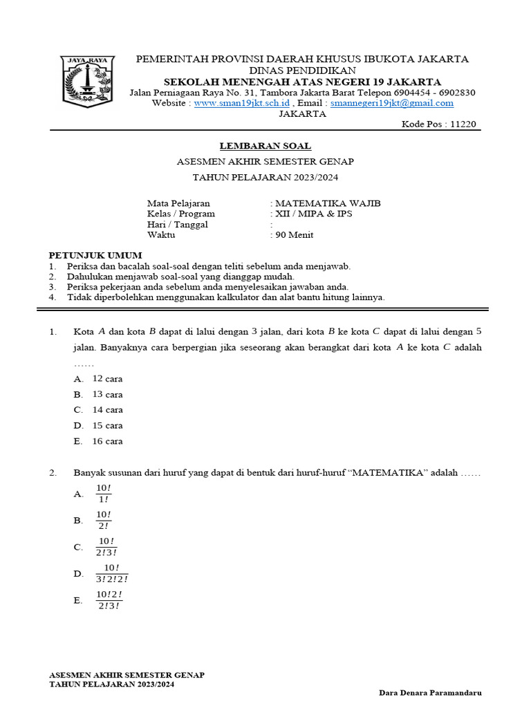 Soal & Kunci Jawaban AAS Genap Matematika Wajib Kelas XII TP. 2023-2024 | PDF