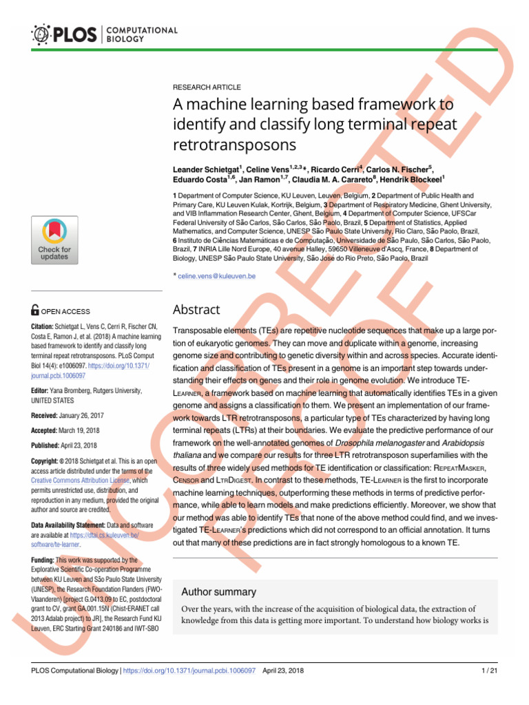 A Machine Learning Based Framework To Identify and | PDF | Transposable Element | Molecular Genetics
