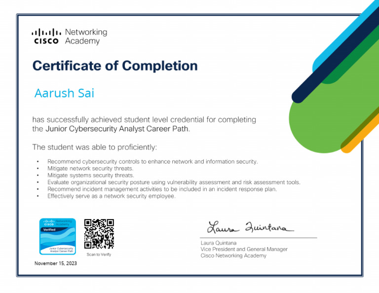 Junior Cybersecurity Analyst Career Path Badge CERTIFICATE CISCO | PDF Junior Cybersecurity Analyst Career Path Badge CERTIFICATE CISCO | PDF