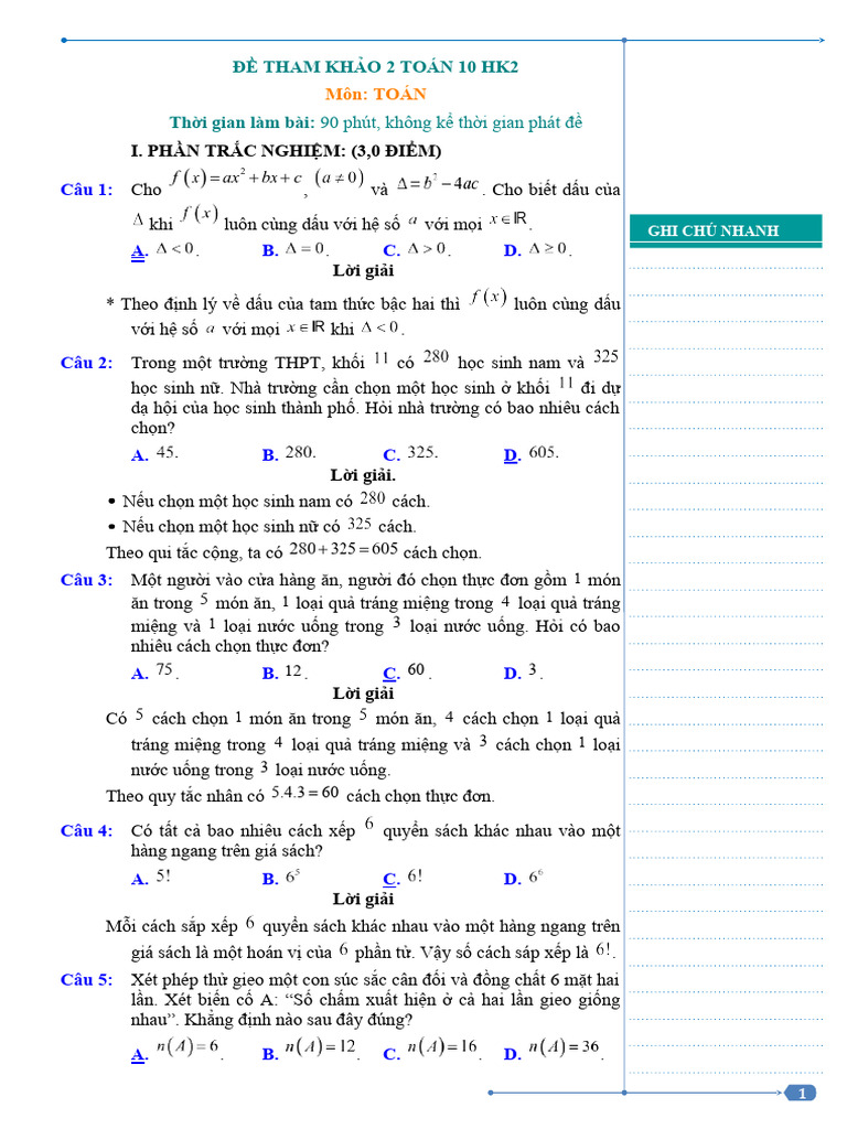 ĐỀ THAM KHẢO 2 TOÁN 10 HK2 | PDF