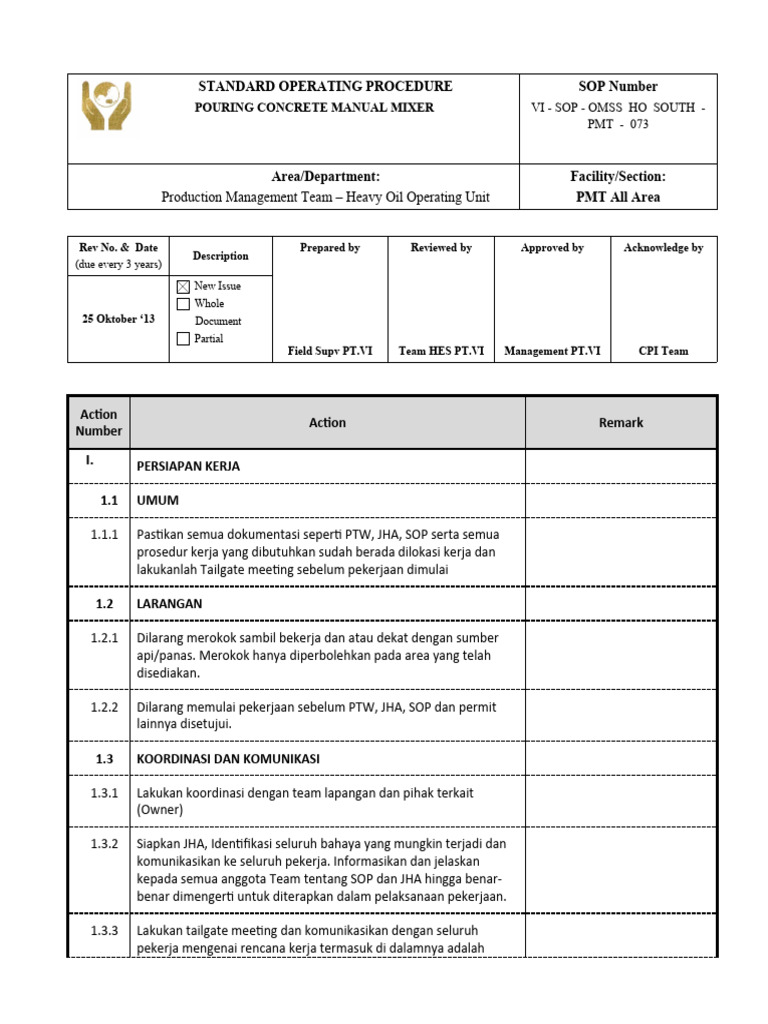 SOP Pouring Concrete Molen | PDF