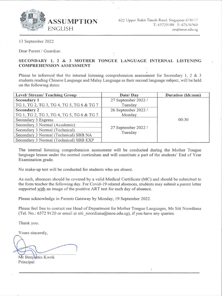 2022 Sec 1 To 3 MTL LC Schedule - Letter To Parent (With ...