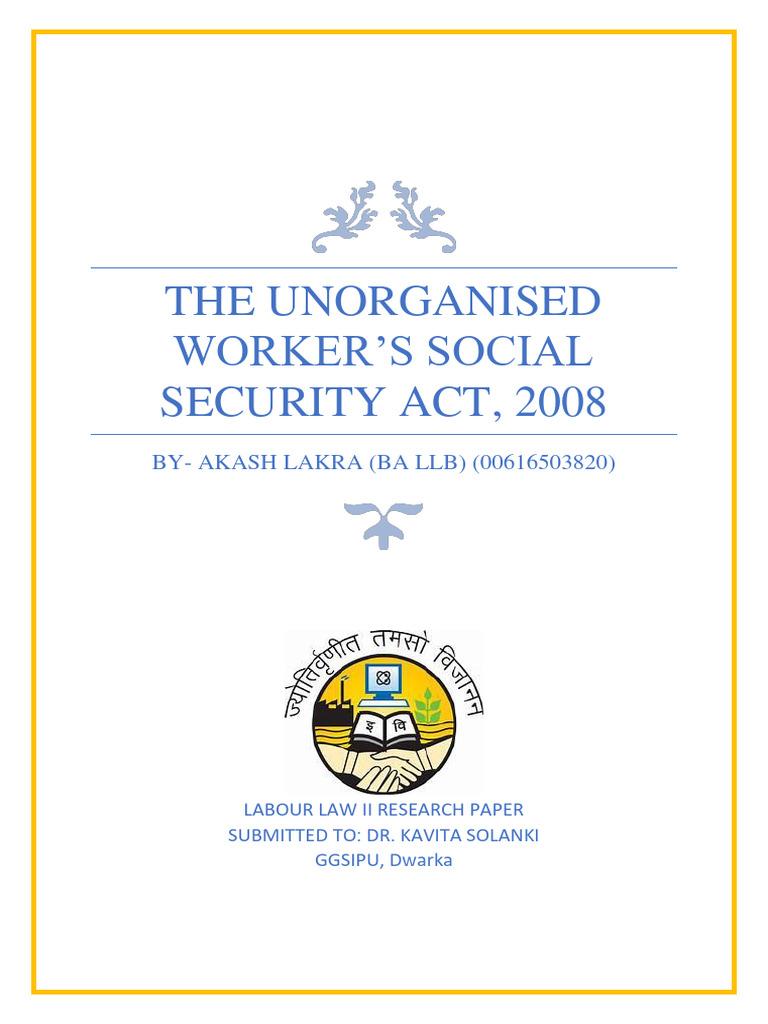 The Unorganised Workers' Social Security Act, 2008 | PDF | Welfare ...
