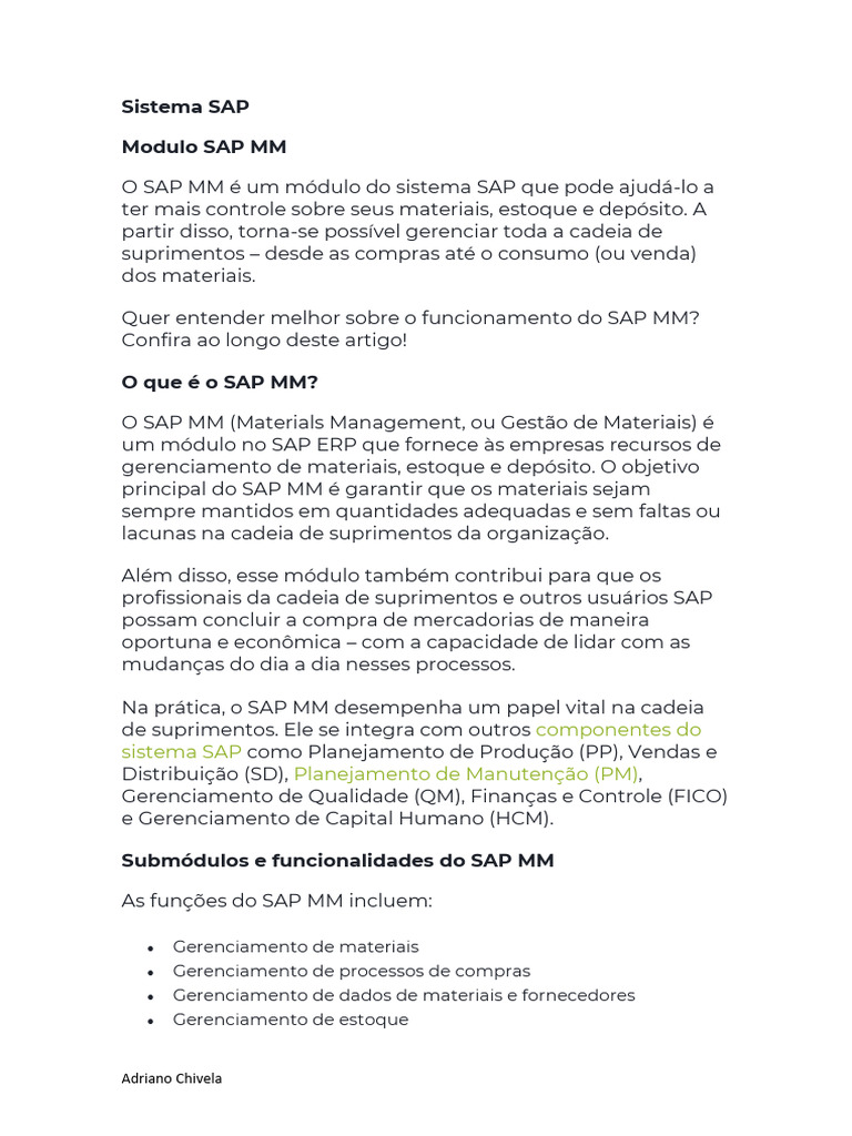 Sistema SAP_Modulo MM (Gestão de Materias ) | Download grátis PDF ...