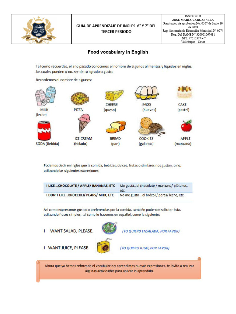 Guia de Aprendizaje de Ingles de 6 y 7 Del Tercer Periodo Food ...