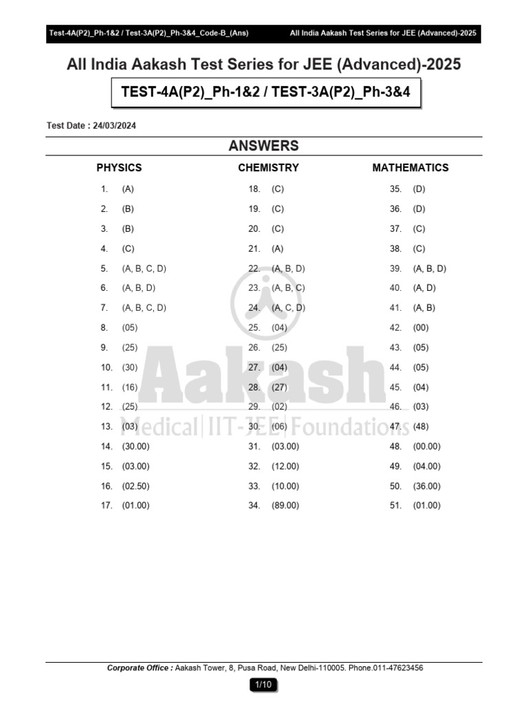 AIATS For First Step JEE (ADV) - PH 1 To 4 - Test-4A&3A - P2 - Code-B ...