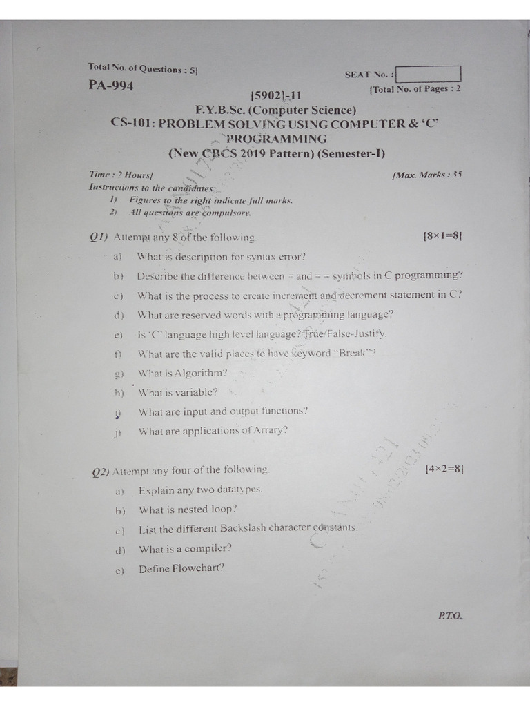 BCS Questions Papers (1st Sem ) | PDF