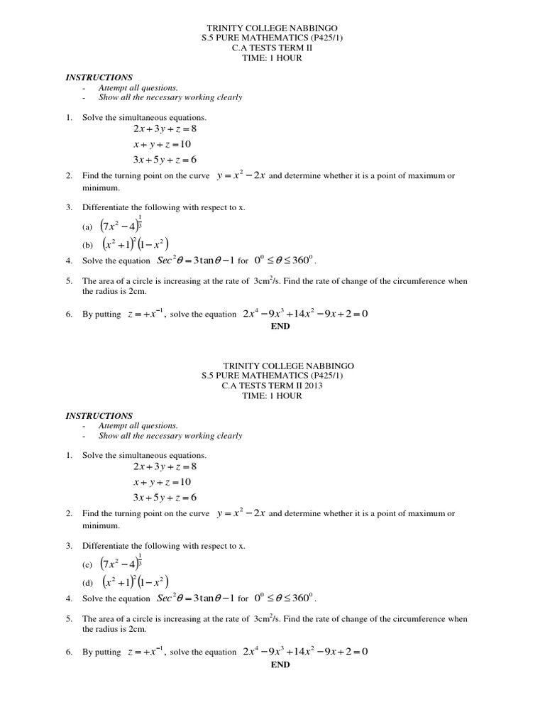 s5 Pure Mathematics Test Term 2 | PDF