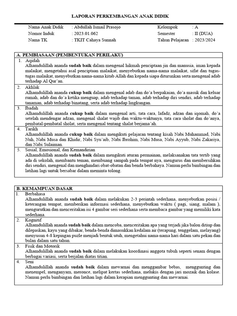 Contoh Raport TK | PDF