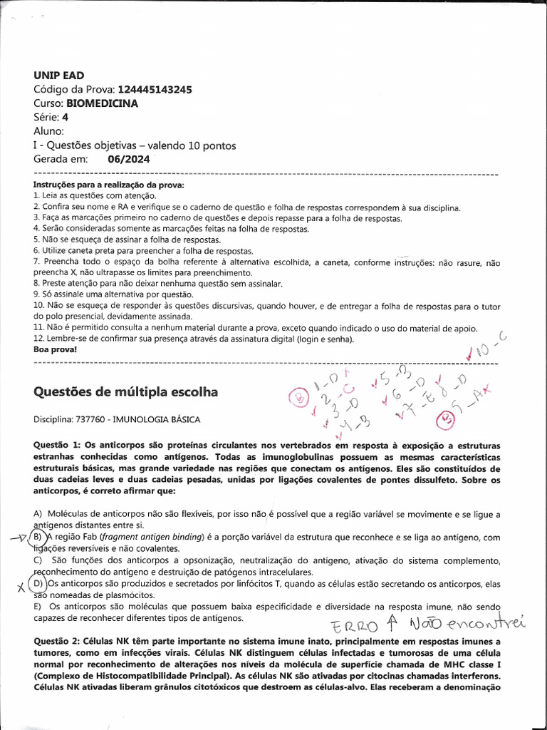 Prova Imuno Bas C Gab 1 2024 | PDF