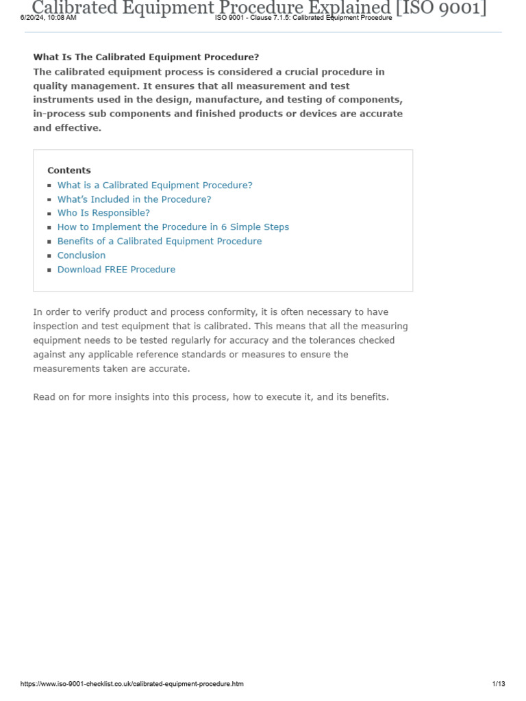 ISO 9001 Calibration Procedure Guide | PDF | Calibration | Iso 9000