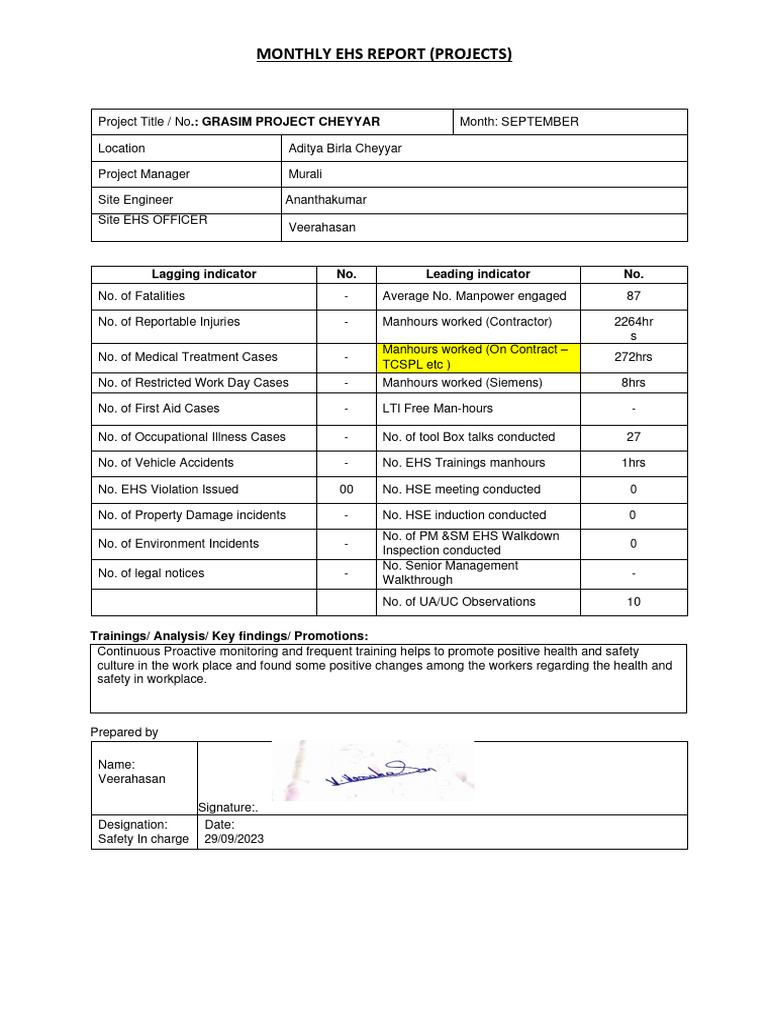 Monthly EHS Statistics For SEP (GRASIM Project) | PDF | Labor Relations | Workplace