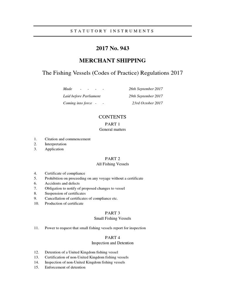 The Fishing Vessels (Codes of Practice) Regulations 2017 | PDF | Safety ...