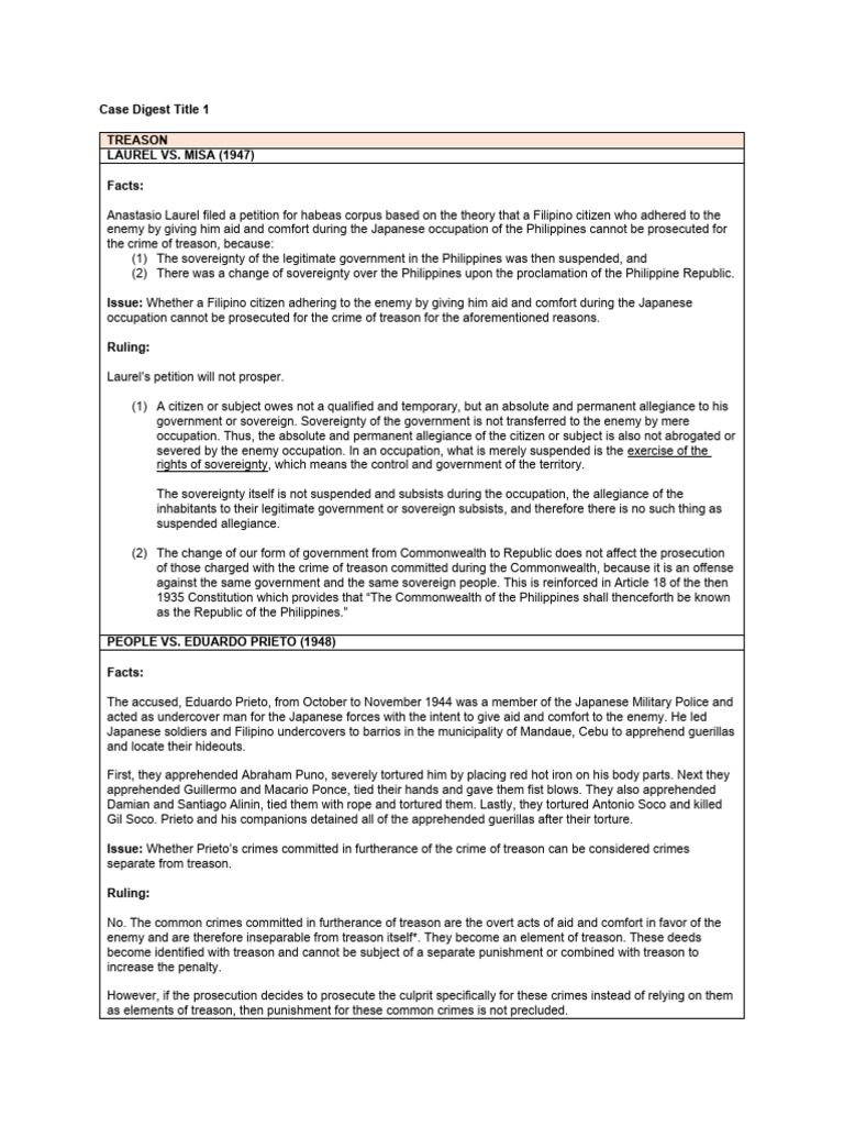 Case Digest Title 1 RPC Book 2 | PDF | Treason | Piracy