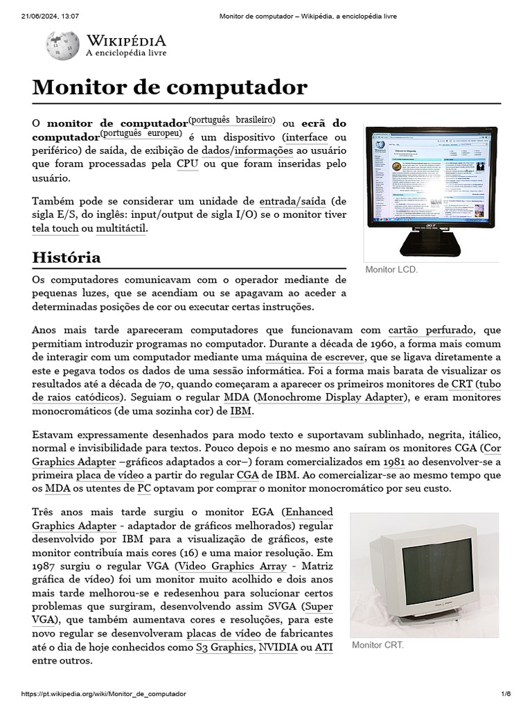 Monitor de Computador - Wikipédia, A Enciclopédia Livre | PDF | Monitor ...