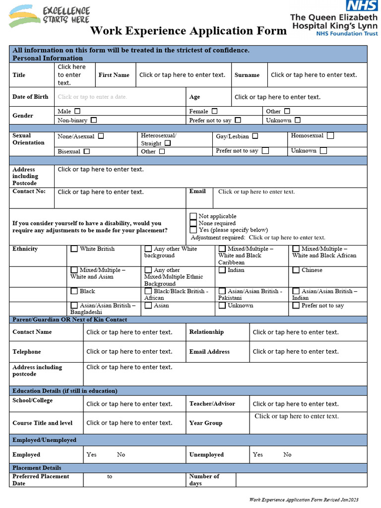 Work Experience Application Form 2023 | PDF | Heterosexuality | Sexual Orientation