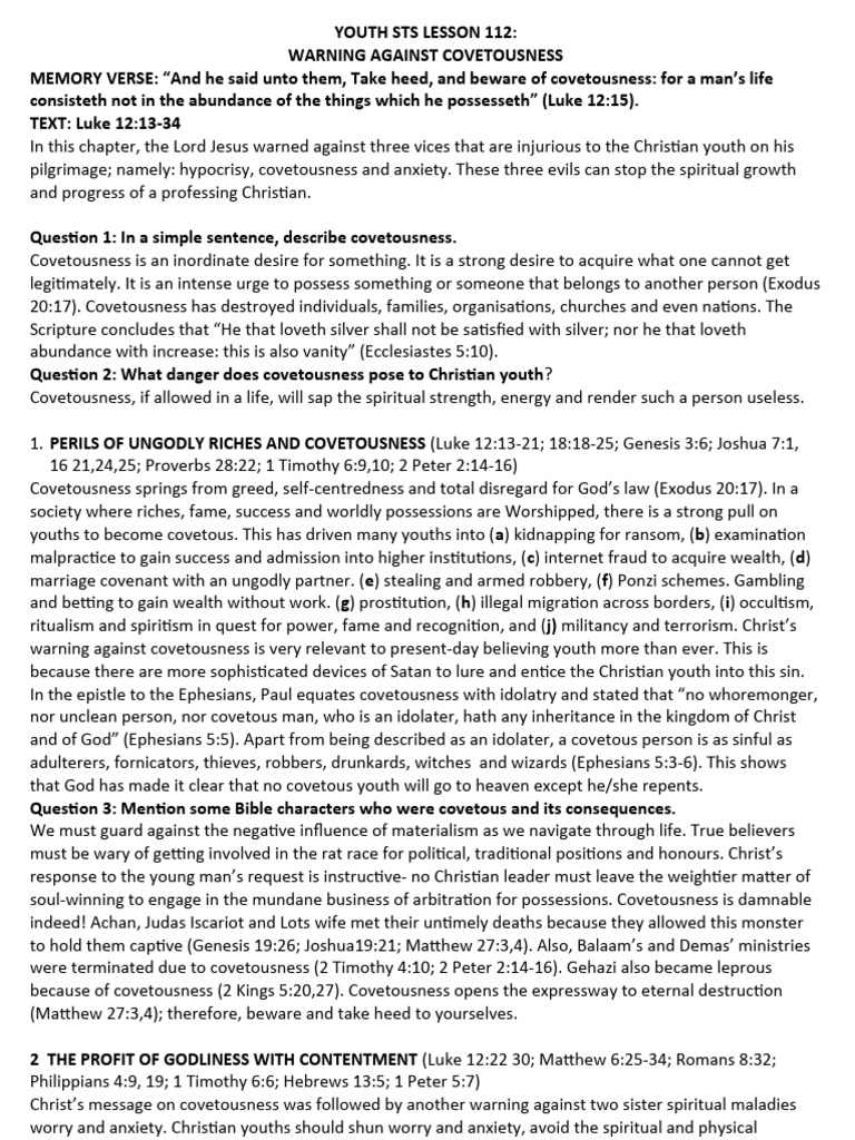 Warning Against Covetousness | PDF | Greed | Jesus