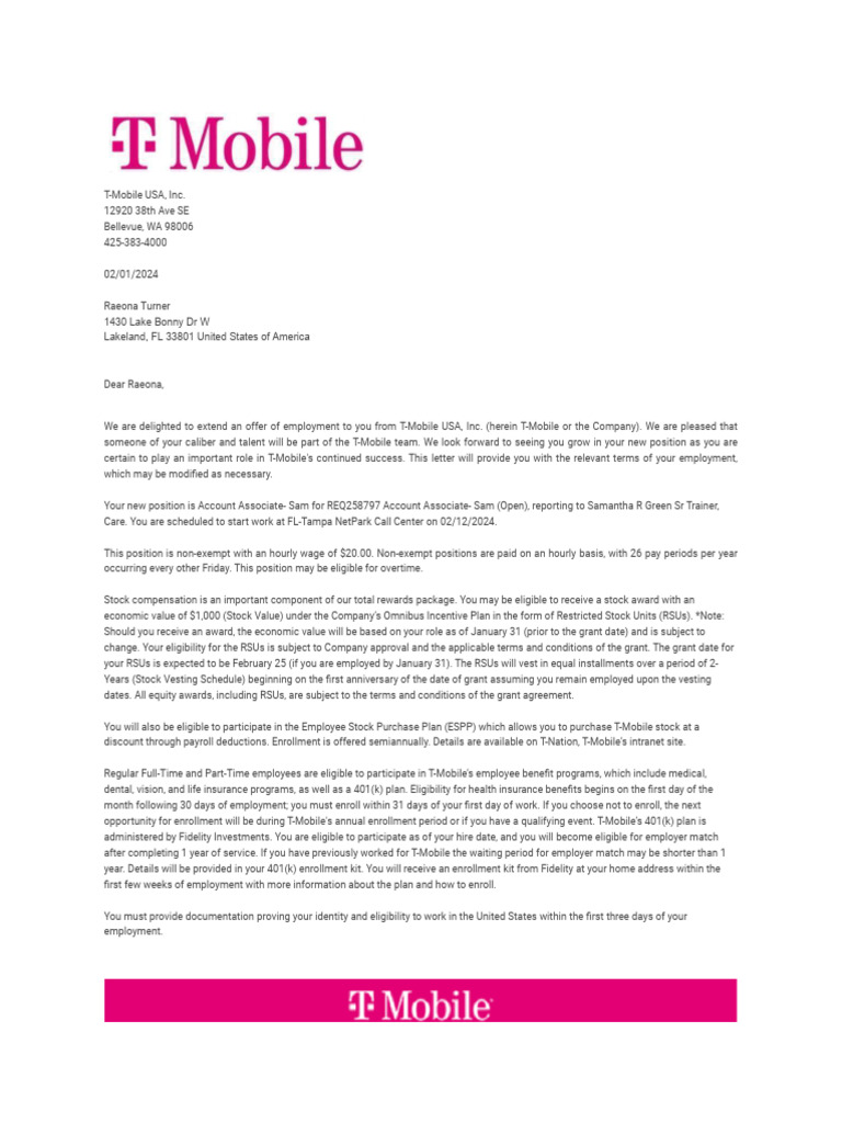 T-Mobile Offer Letter For Customer Service 2024-02-01 | PDF ...