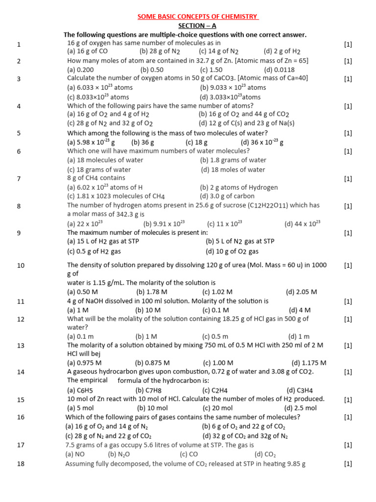 QB - GR 11 - Some Basic Concepts of Chemistry | Download Free PDF | Mole (Unit) | Molecules