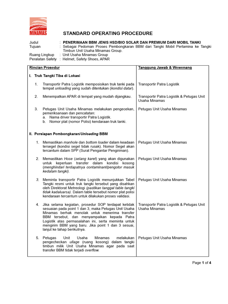 SOP Penerimaan HSD-Bio Solar Dan Premium Truk Tanki Minamas (Final Version) | PDF