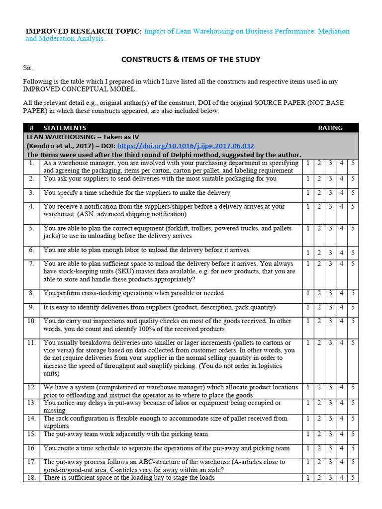 Batool Abbas-Constructs and Items of Improved Model | PDF | Warehouse ...