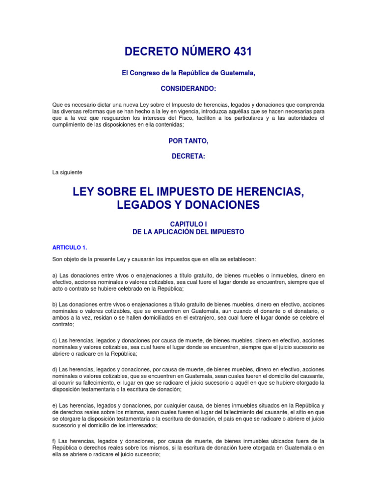 Decreto Del Congreso 431 (Impuesto Herencias) | PDF | Donación | Herencia
