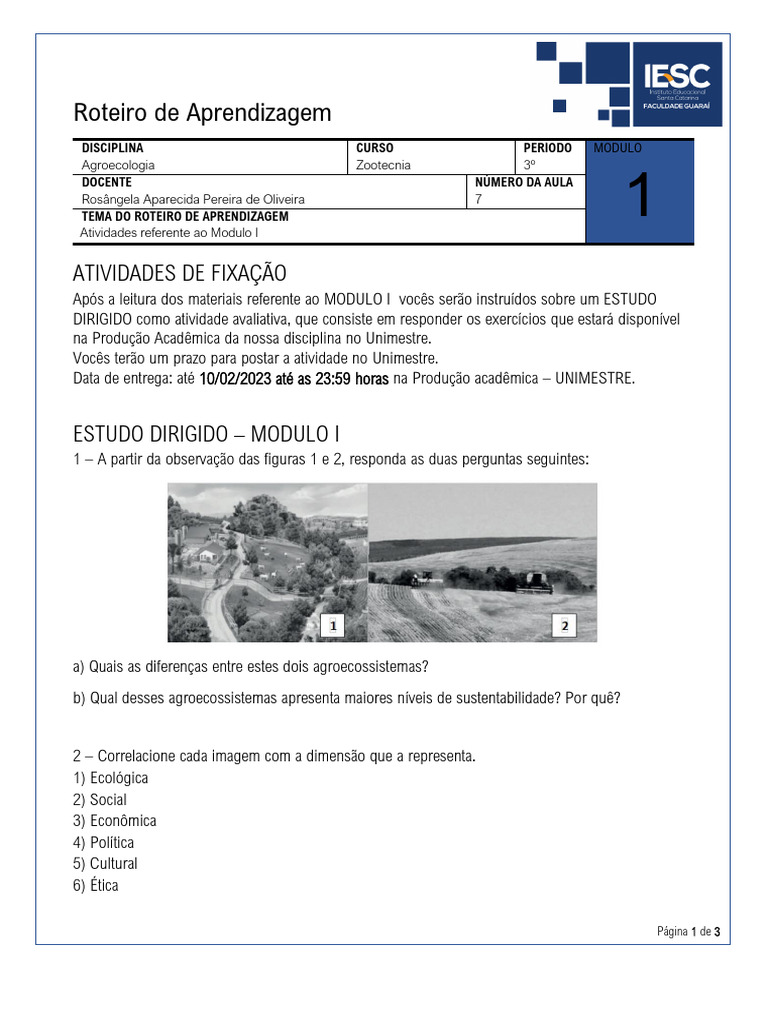 Roteiro de Atividades Modulo i | PDF | Agroecologia | Ecologia Roteiro de Atividades Modulo i | PDF | Agroecologia | Ecologia
