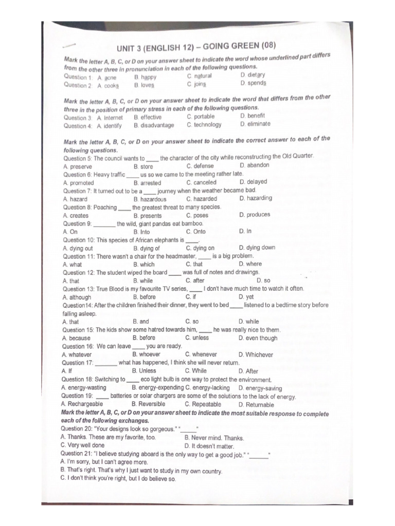 UNIT 3 (ENGLISH 12) - GOING GREEN (08) - Đã G P | PDF