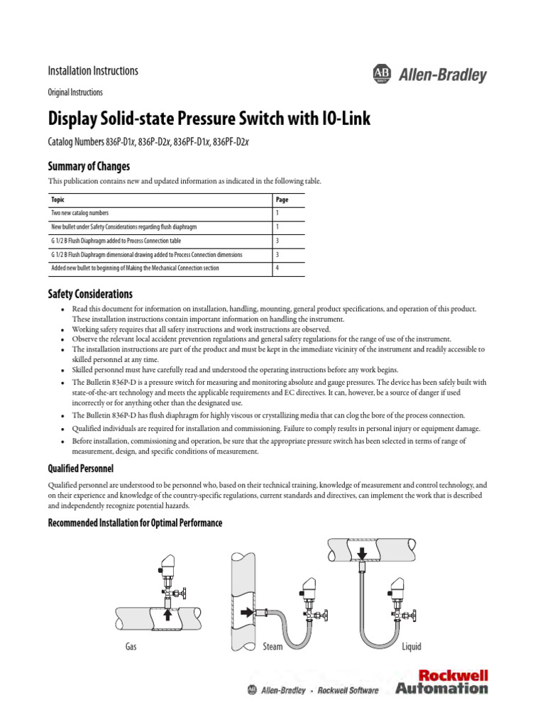Display Solid-State Pressure Switch With IO-Link: Installation Instructions | PDF | Safety ...