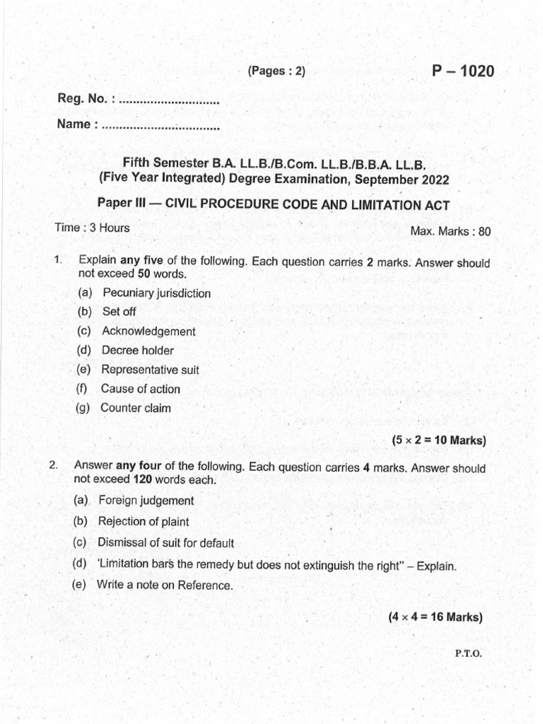 2022 Sep 5 Sem BA BBA BCom Civil Procedure Code and Limitation Act | PDF