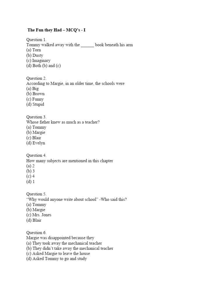 1.the Fun They Had - MCQs - Test 1 | PDF | Teachers