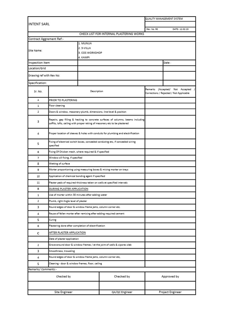 Checklist For Internal Plastering | PDF | Plaster | Building Technology