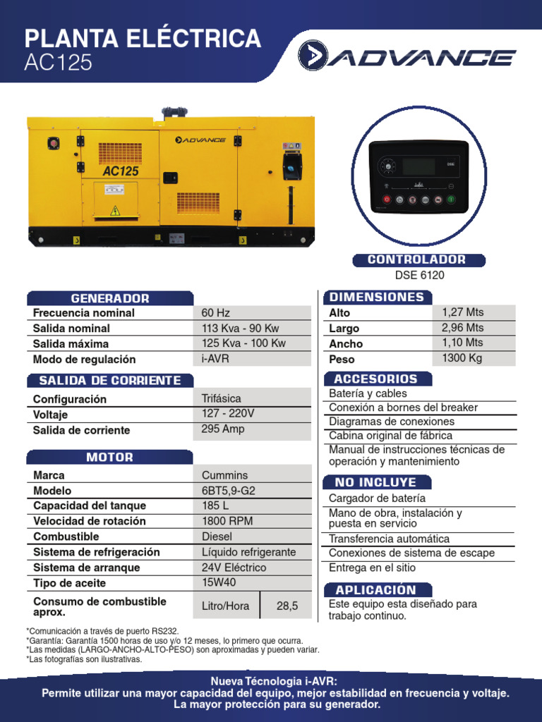 Planta Electrica Advance Ac125 Diesel 125kva Ficha Tecnica | PDF ...