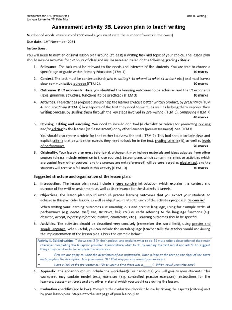 Assignment 3B. Writing Lesson Plan (Checklist Specification) - 2021 ...