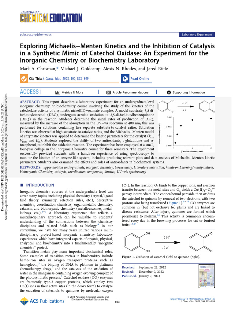 Exploring Michaelis-Menten Kinetics and The Inbition of Catalysis in Synthetic Mimic of Catechol ...