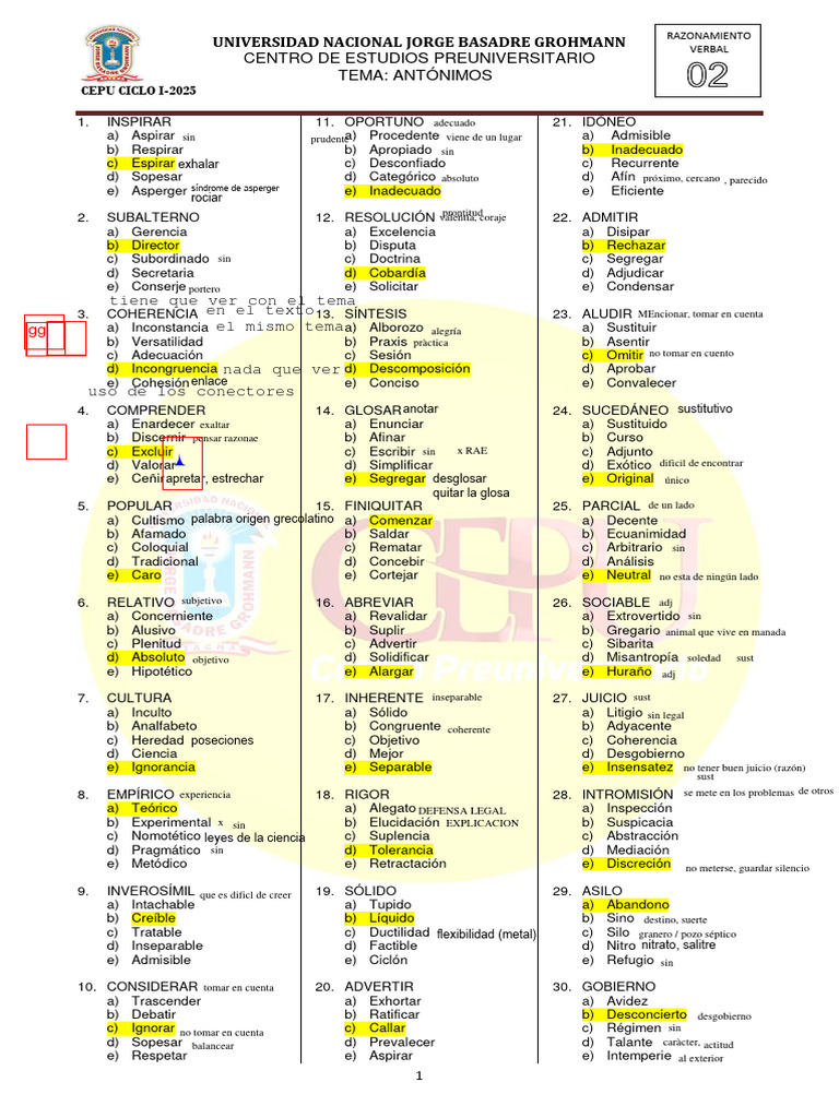 Practicas 2 de Razonamiento Verbal Con Claves Cepu I-2025 | PDF | Cognición