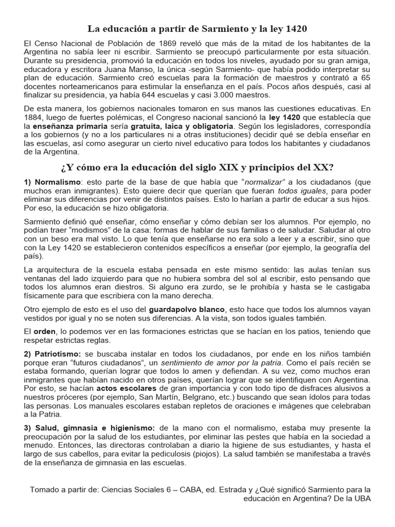 La Educación A Partir de Sarmiento y La Ley 1420 | PDF | Enseñando