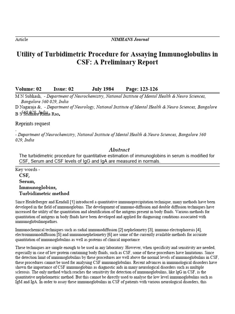 Utility of Turbidimetric Procedure For Assaying Immunoglobulins in CSF ...