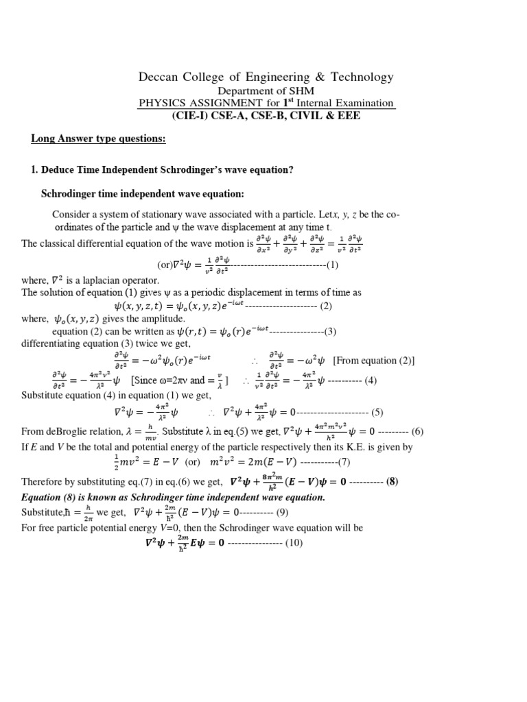 Assign. I With Answers, May-24, Civil, Cse and Eee | PDF | Schrödinger ...