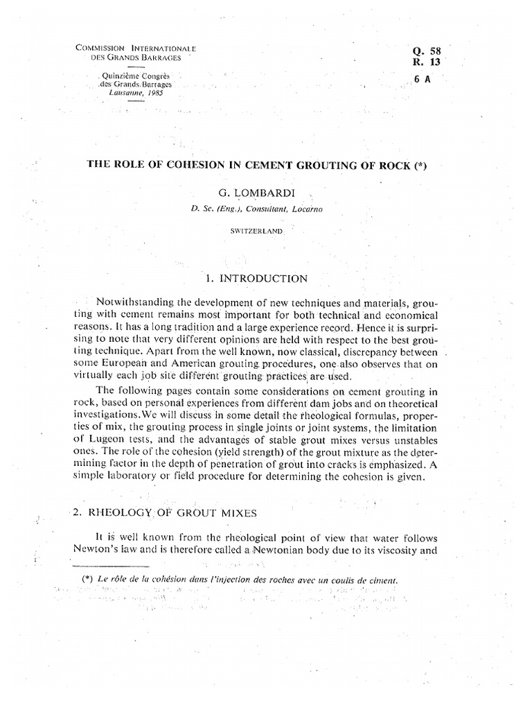 The Role of Cohesion in Cement Grouting of Rock, LOMBARDI | PDF