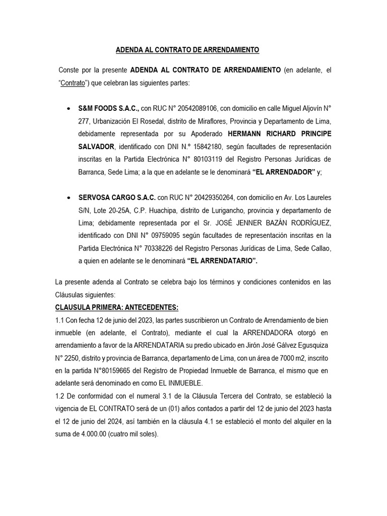 Adenda Al Contrato de Arrendamiento | PDF | Documento | Derecho empresarial