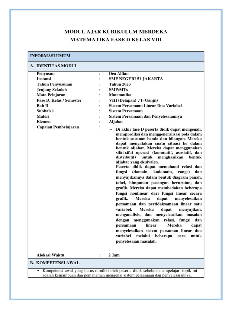 Modul Ajar Matematika - Sistem Persamaan Linear Dua Variabel - Fase D | PDF