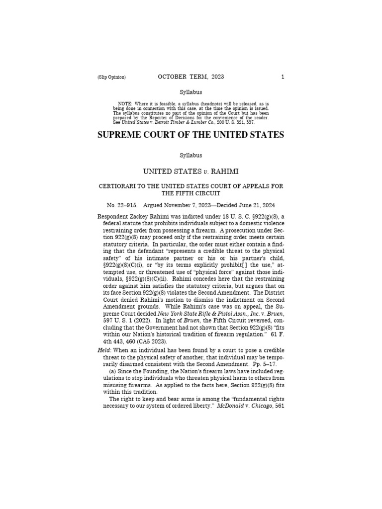 US V Rahimi Supreme Court Opinion | PDF | Second Amendment To The ...