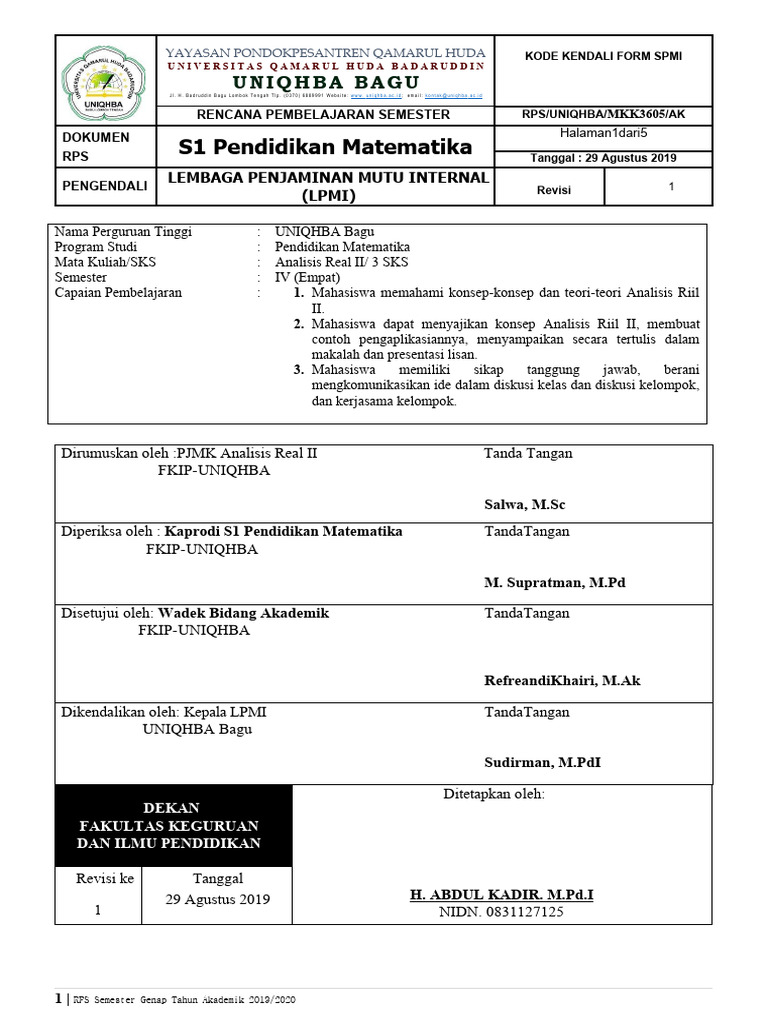 RPS Analisis Real II S1 Pendidikan Matematika | PDF
