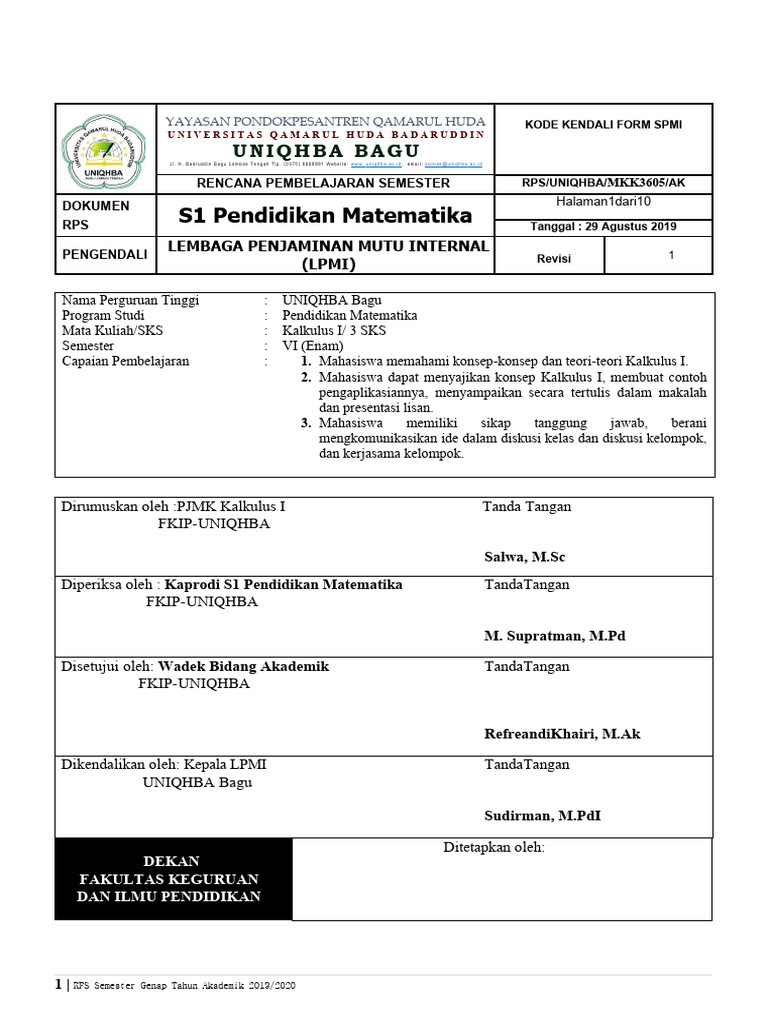 Rencana Pembelajaran Kalkulus I UNIQHBA | PDF