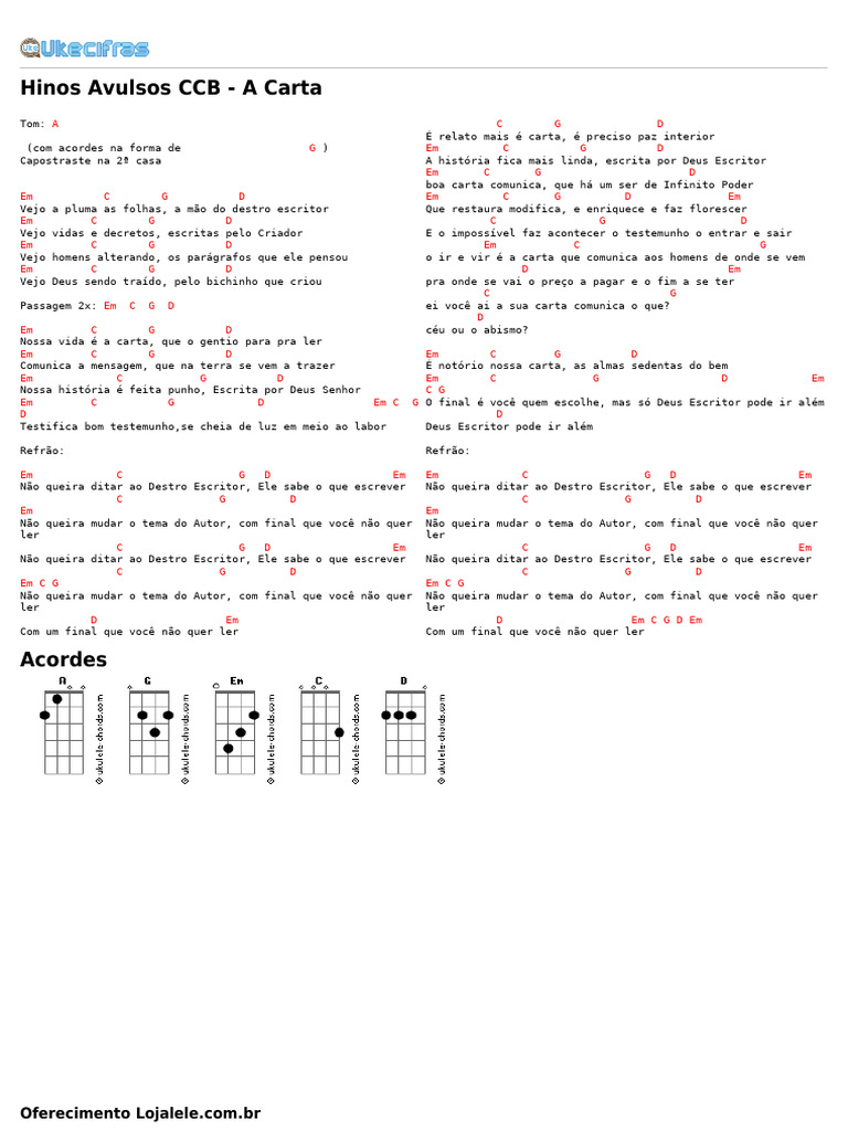 Hino Avulso CCB: A Carta - Letra e Acordes | PDF