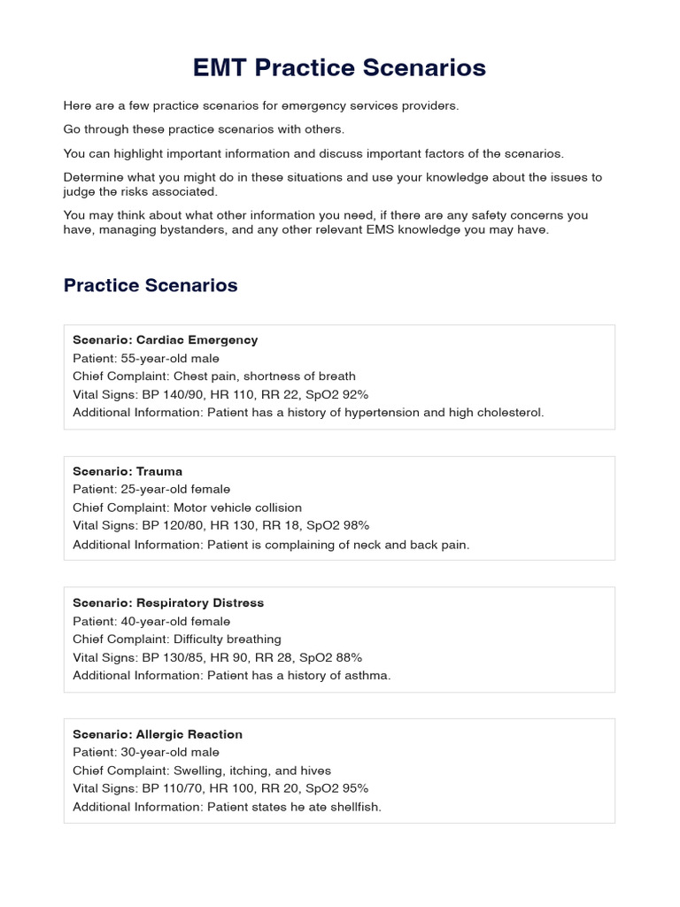 EMT Practice Scenarios Guide | PDF | Physiology | Symptoms And Signs