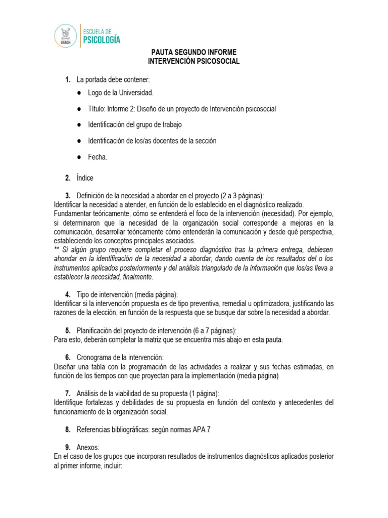 PAUTA SEGUNDO INFORME Intervenci N Psicosocial | PDF | Evaluación | Planificación
