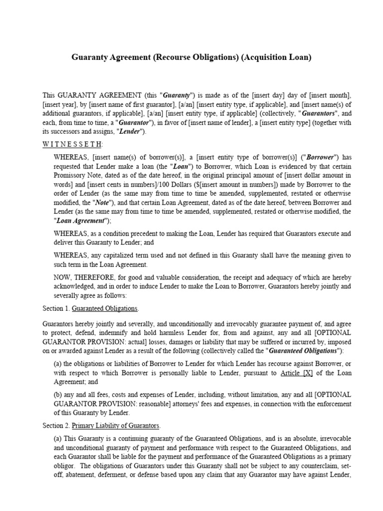 Acquisition Loan - Guaranty Agreement - Recourse Obligations - Form ...